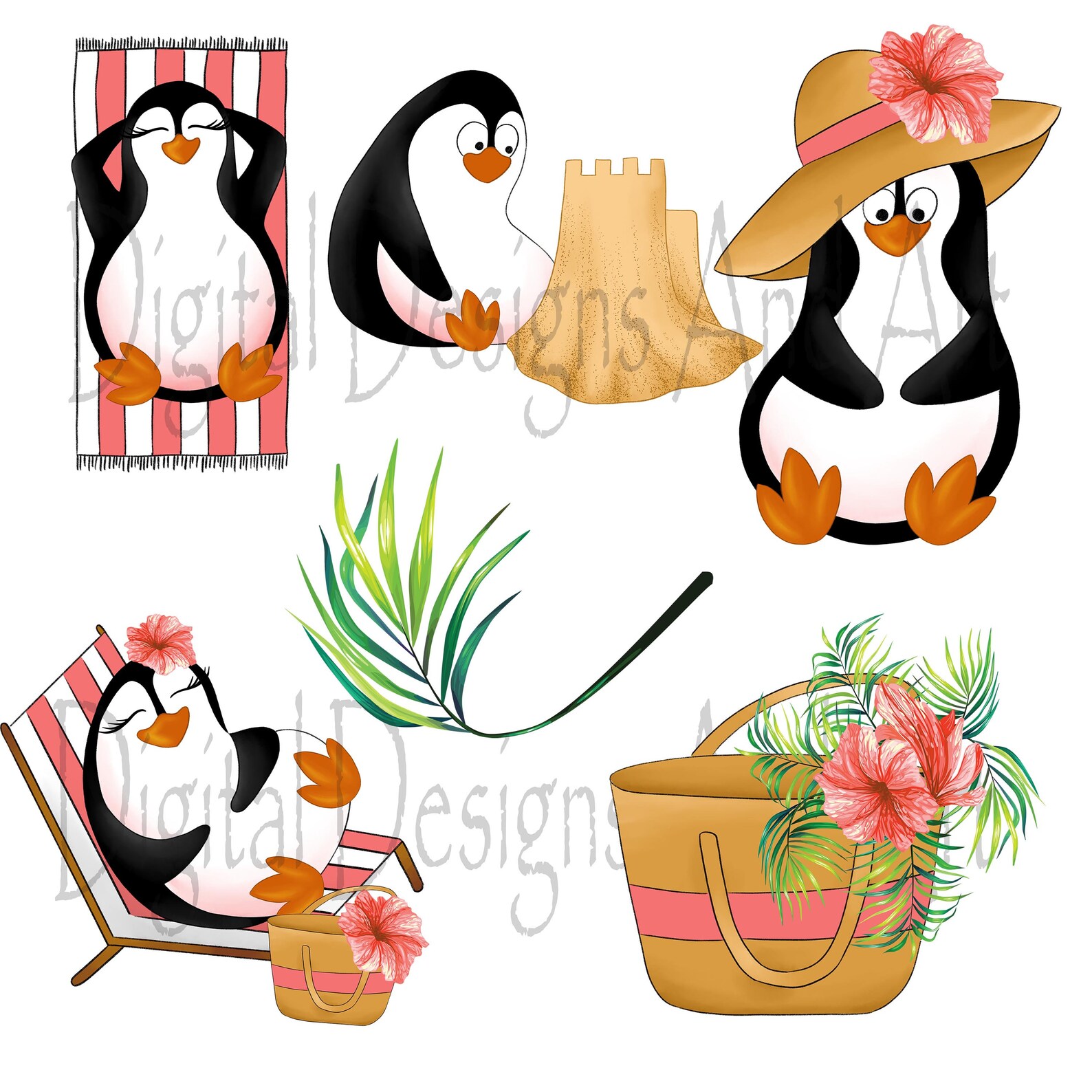 Beach Penguins Clipart Penguin Illustration Summer Clipart - Etsy