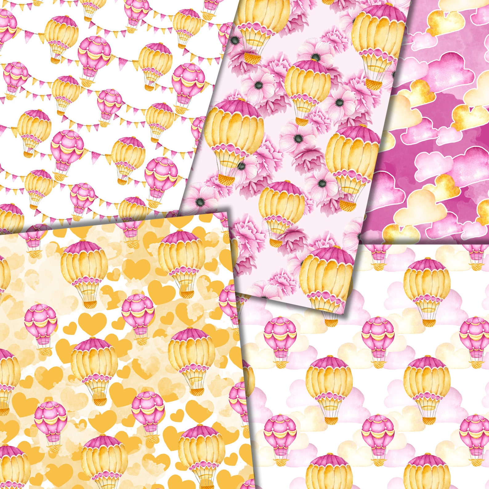 Air Balloon Digital Paper Clouds & Balloon Seamless Patterns | Etsy