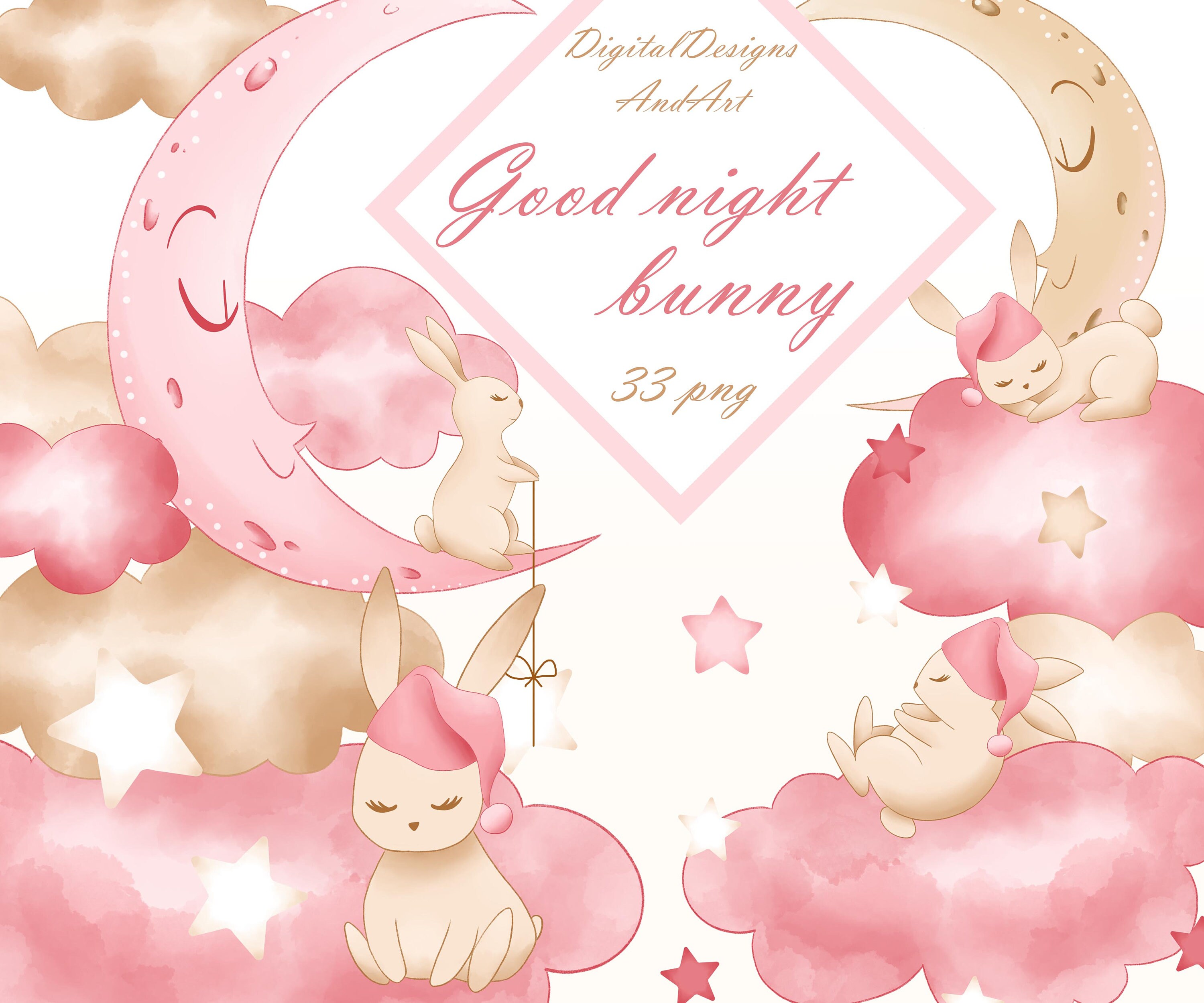 Bunny clipart moon clipart bunny illustration baby girl | Etsy