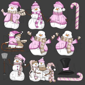 Snowman Clipart, Pink Snowman Illustration, Winter Clipart, Watercolor ...