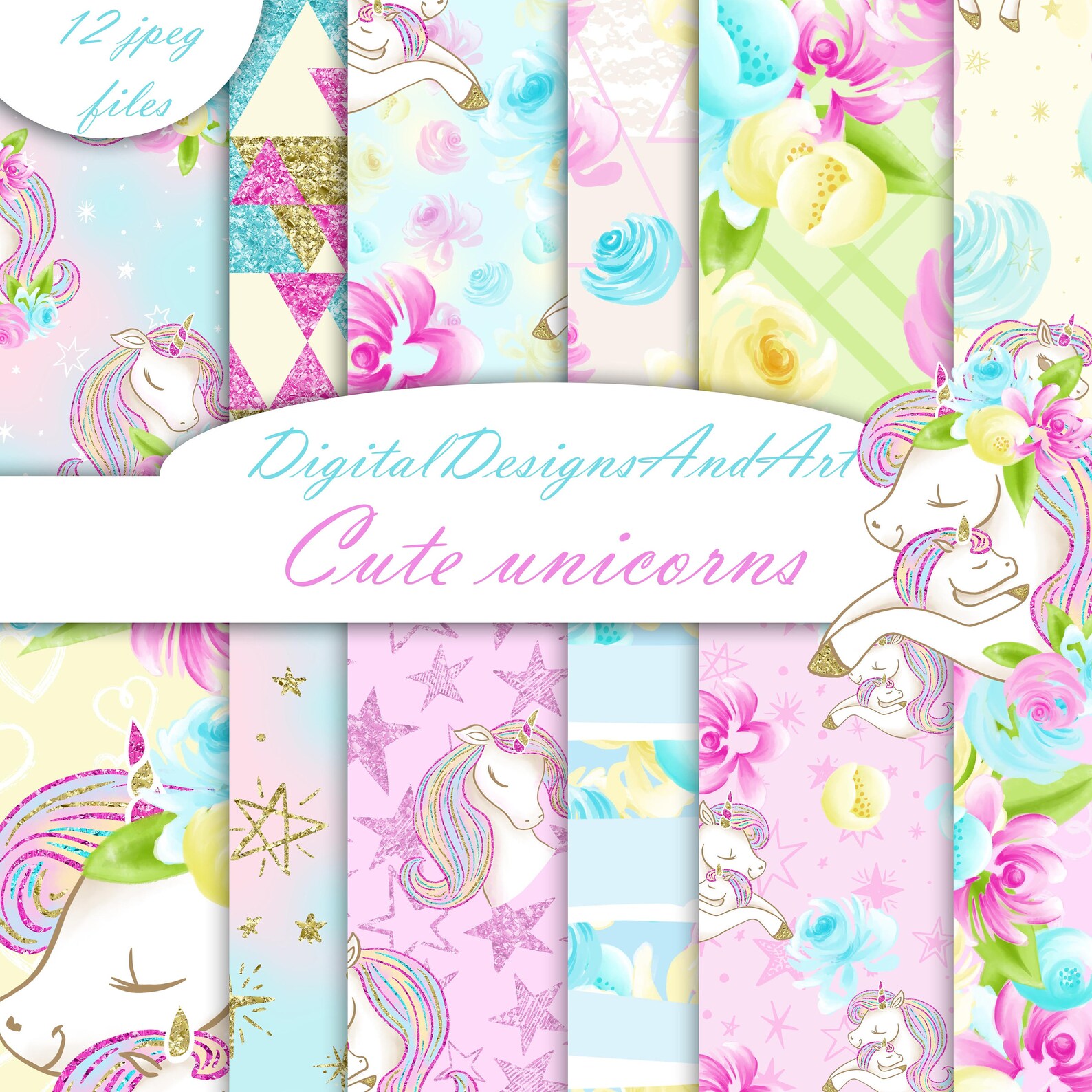 Unicorn Digital Paper Unicorns Patterns Colorful Unicorns - Etsy