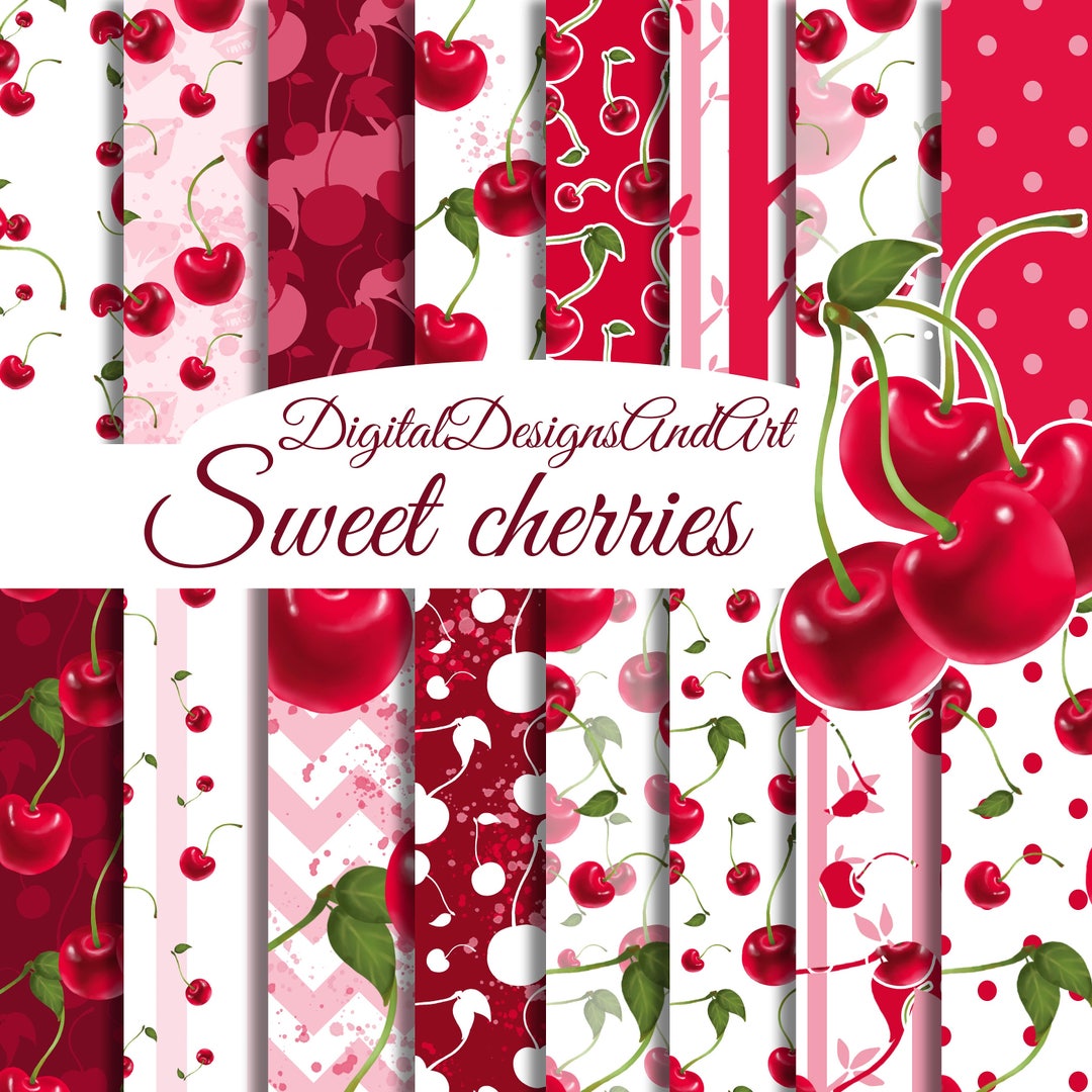 Cherry Digital Paper, Watercolor Cherry Papers, Seamless Patterns, Red ...
