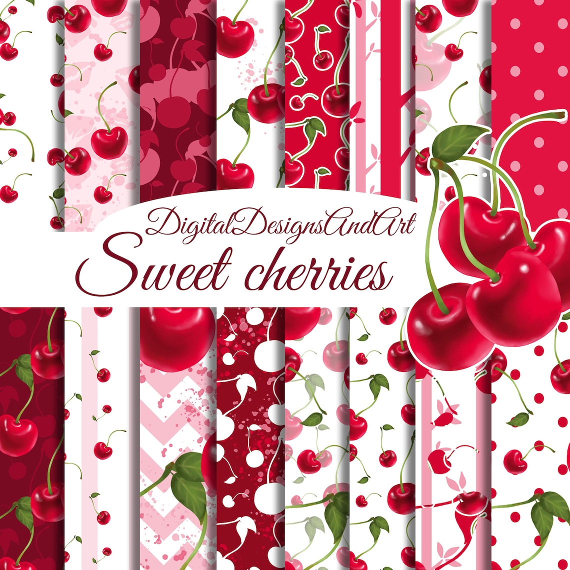 Cherry Digital Paper, Watercolor Cherry Papers, Seamless Patterns, Red ...