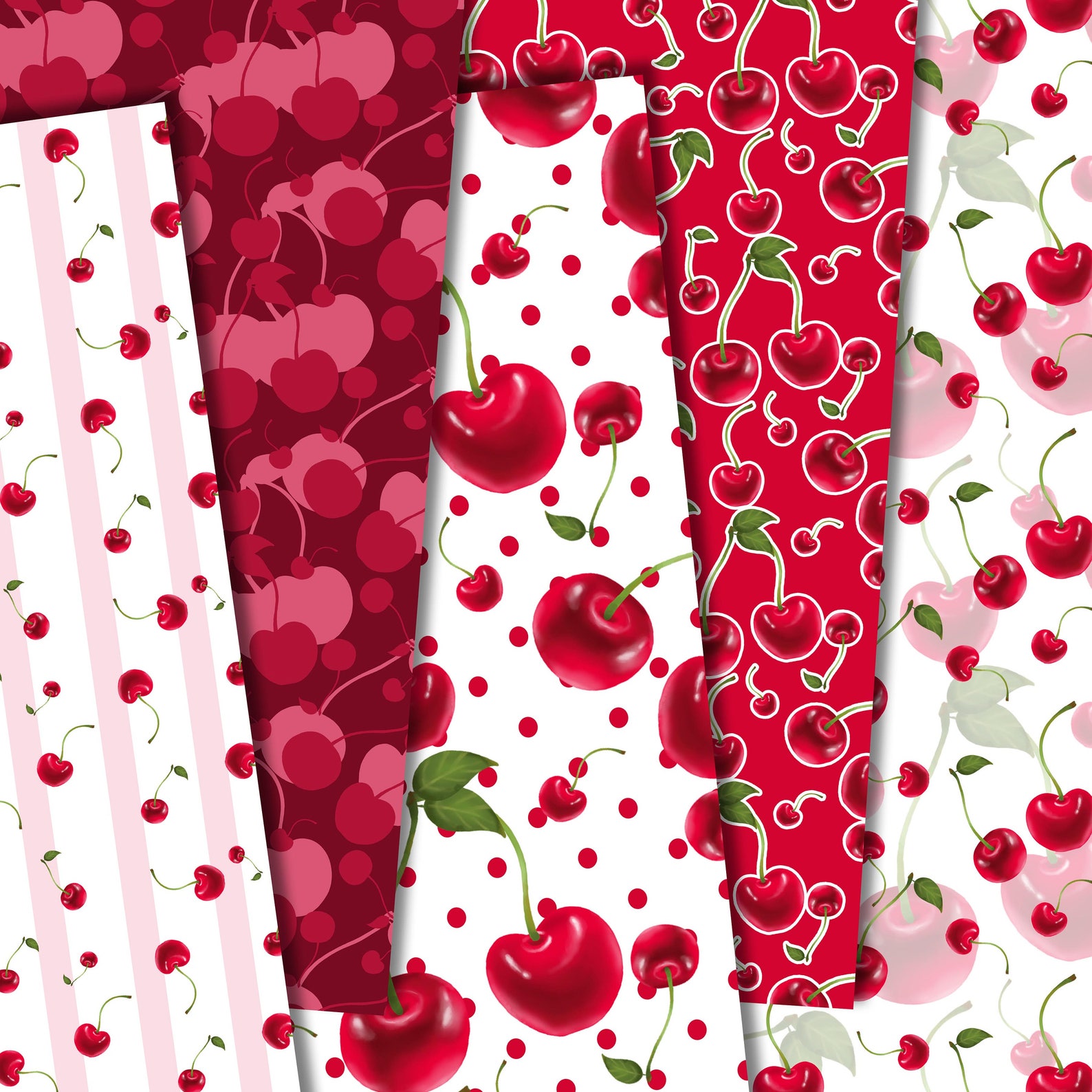 Cherry Digital Paper, Watercolor Cherry Papers, Seamless Patterns, Red ...