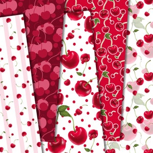 Cherry Digital Paper, Watercolor Cherry Papers, Seamless Patterns, Red ...