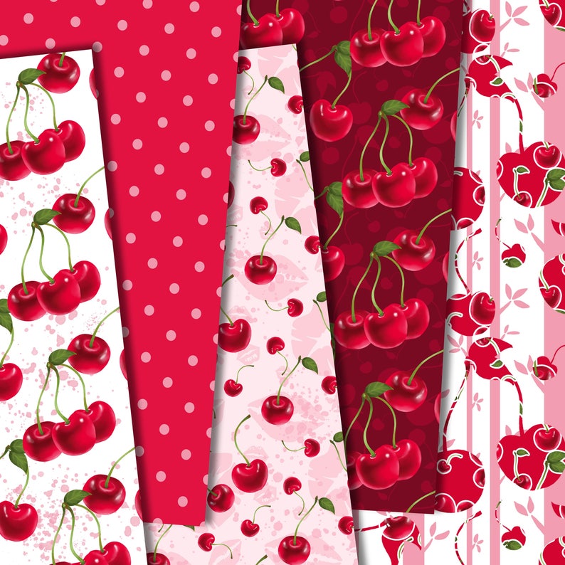Cherry Digital Paper, Watercolor Cherry Papers, Seamless Patterns, Red ...