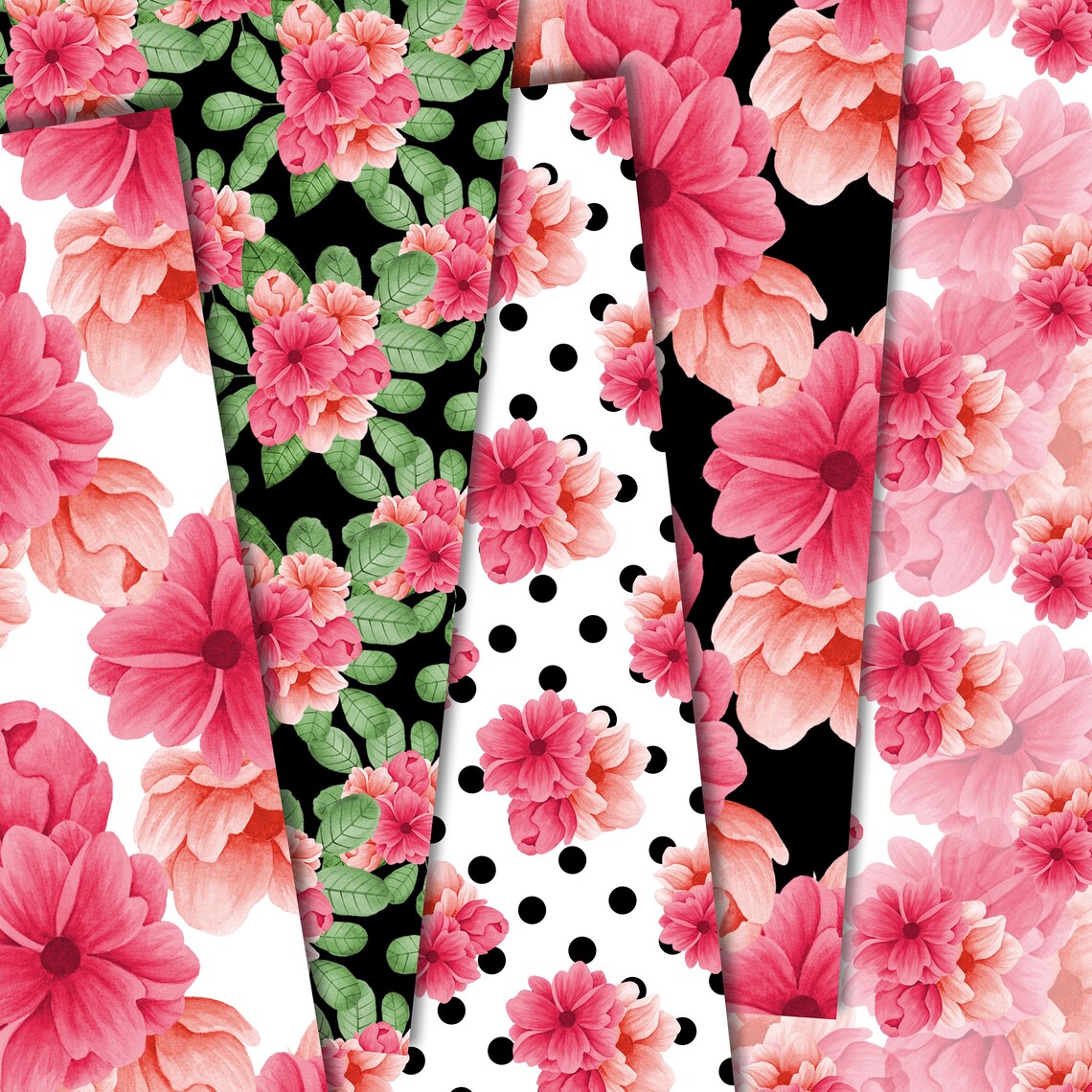 Pink Flower Digital Paper, Pink and Black Digital Paper, Floral ...