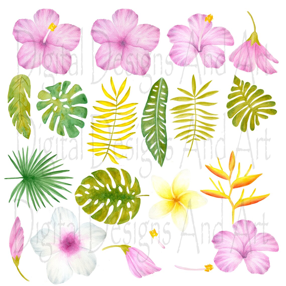 Tropical Flowers Clipart Watercolor Flower Clip Art Leaves - Etsy