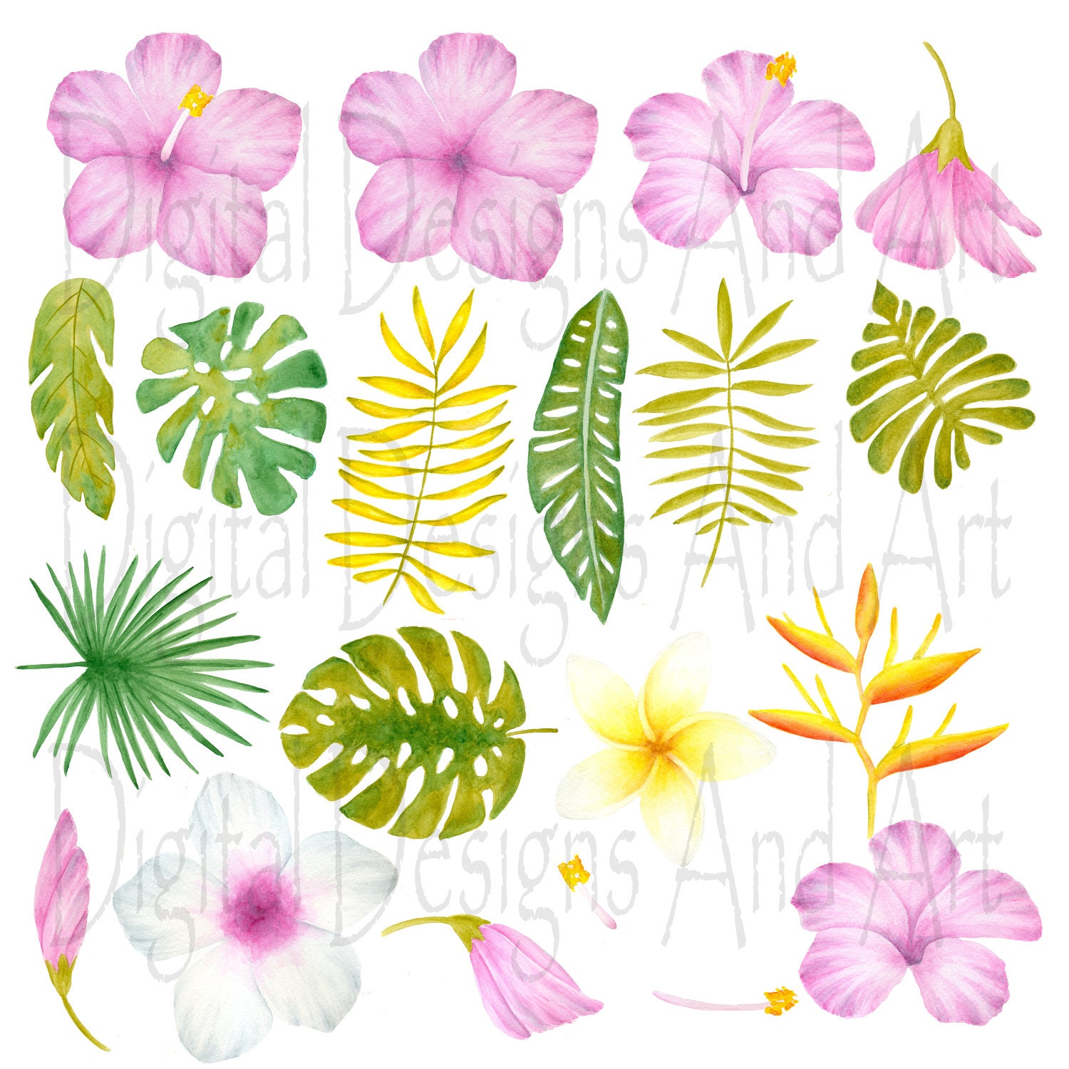 Tropical Flowers Clipart Watercolor Flower Clip Art Leaves | Etsy