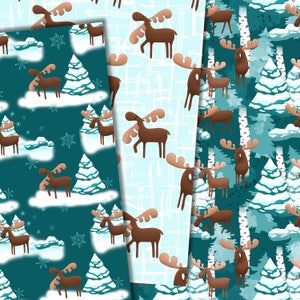 Moose Digital Paper, Moose Pattern, Winter Seamless Paper, Tree Paper ...