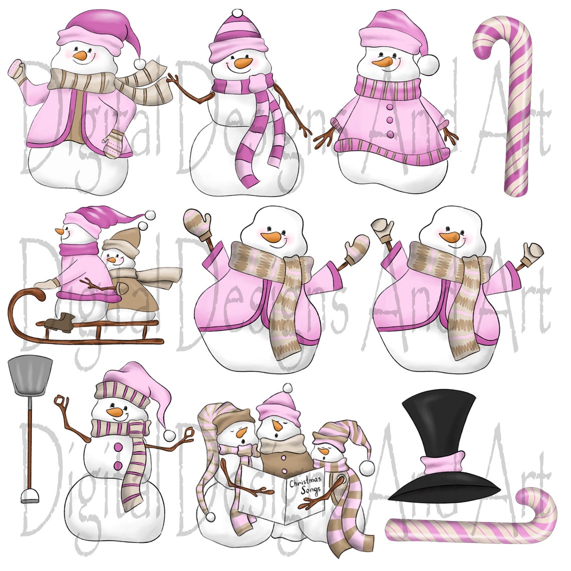 Snowman Clipart, Pink Snowman Illustration, Winter Clipart, Watercolor ...