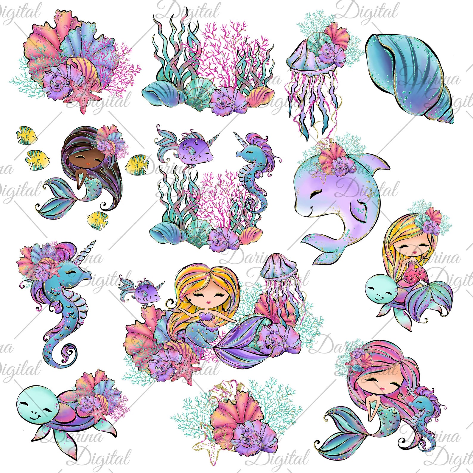 Mermaid Clipart, Sea Clipart, Seashell Clipart, Mermaid Illustration ...