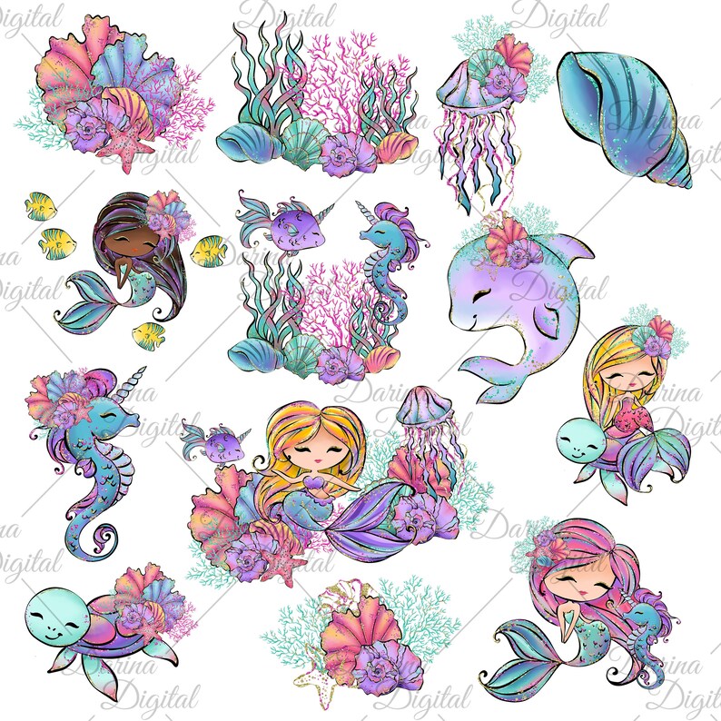 Mermaid Clipart, Sea Clipart, Seashell Clipart, Mermaid Illustration ...