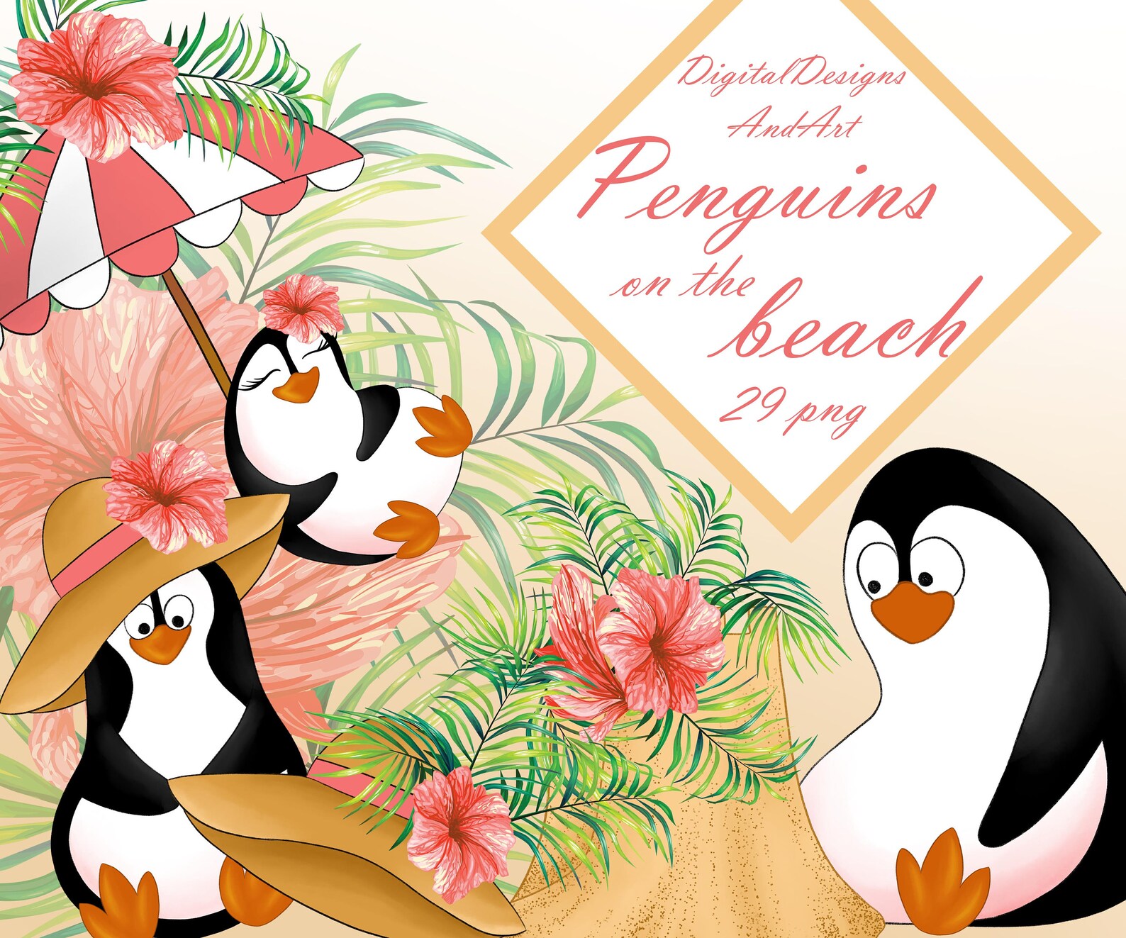 Beach Penguins Clipart Penguin Illustration Summer Clipart - Etsy