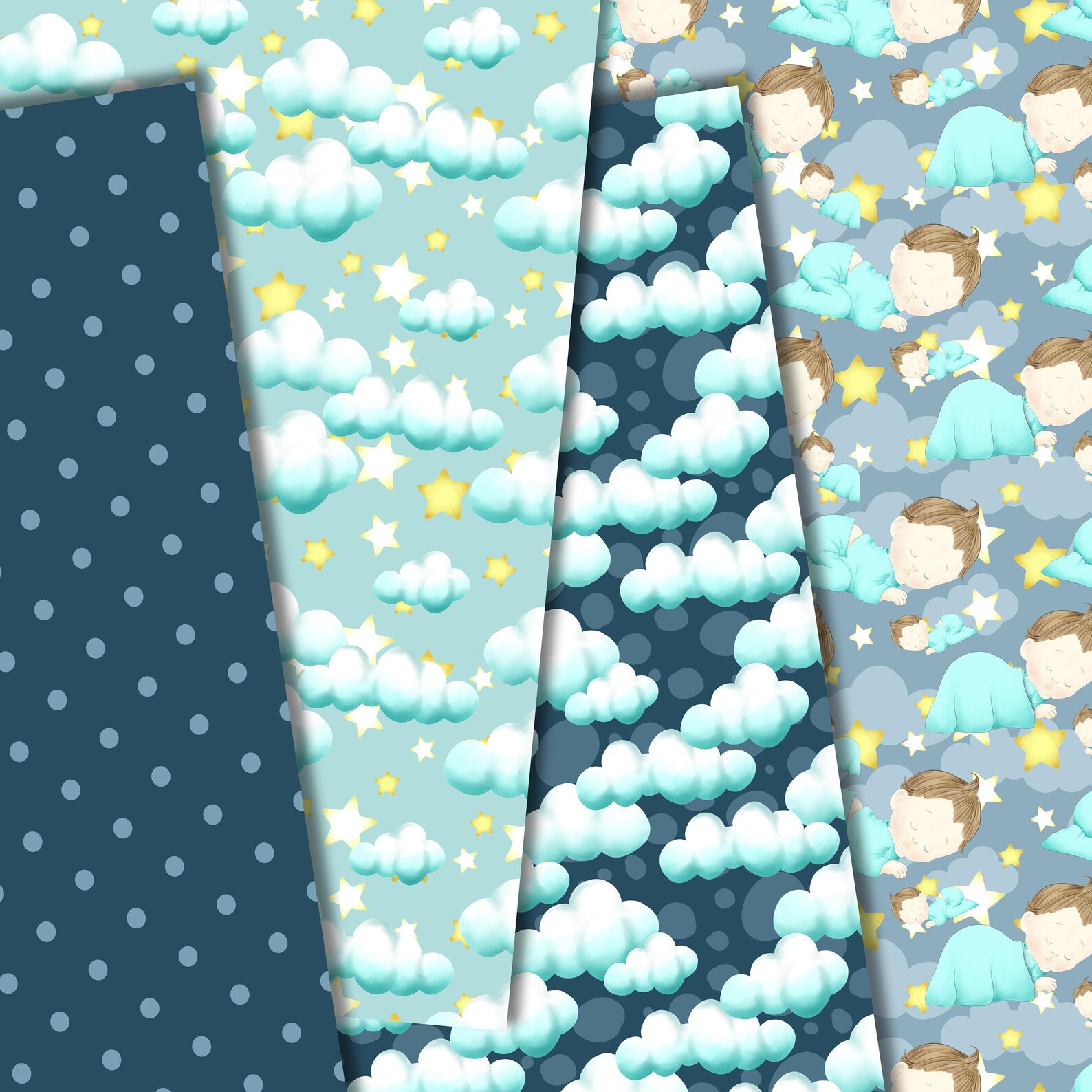 Baby Boy Digital Paper, Moon & Clouds Paper Pack, Boy Digital Pattern ...