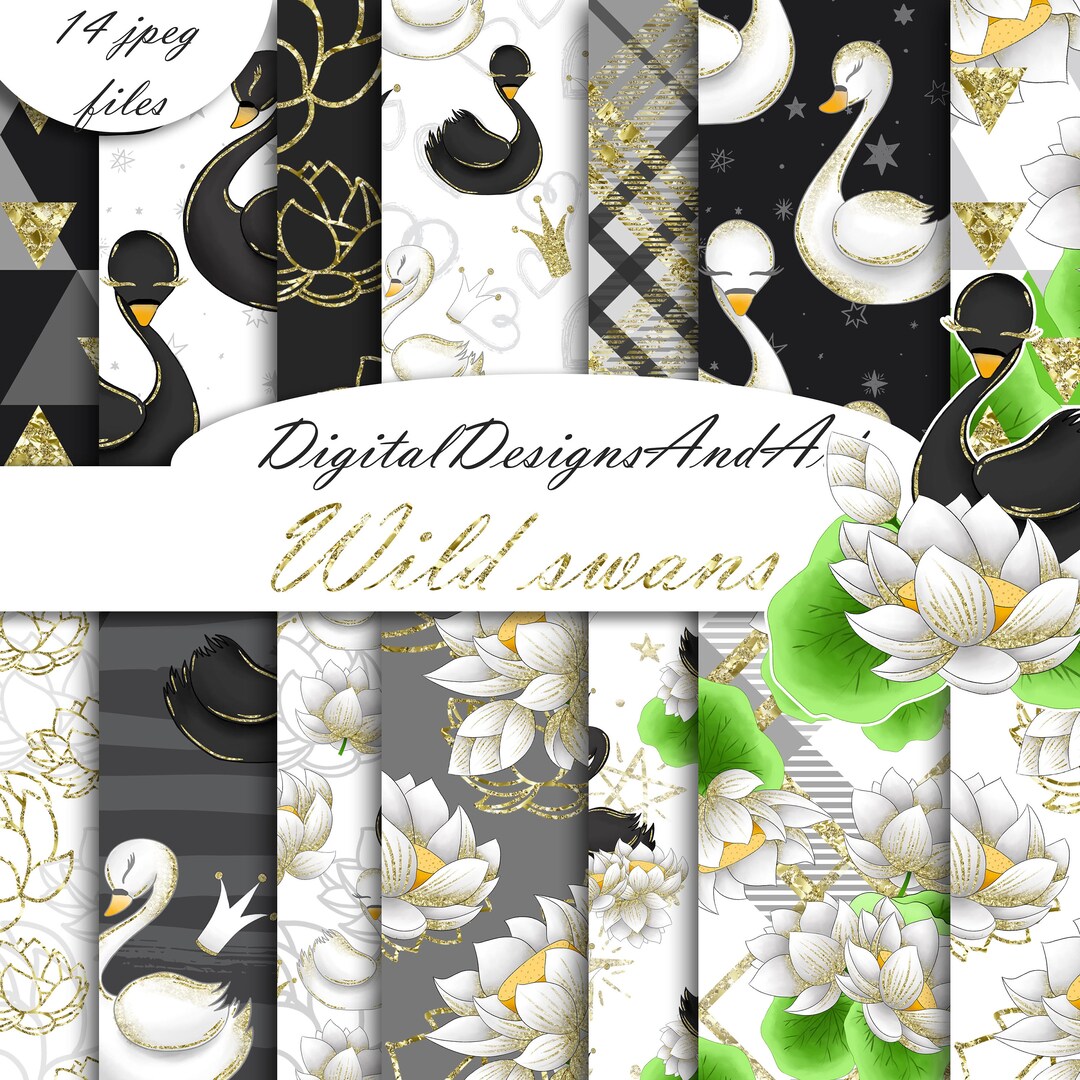 Wild Swans Paper, Swan Seamless Pattern, Black Swan Pattern, White Swan ...