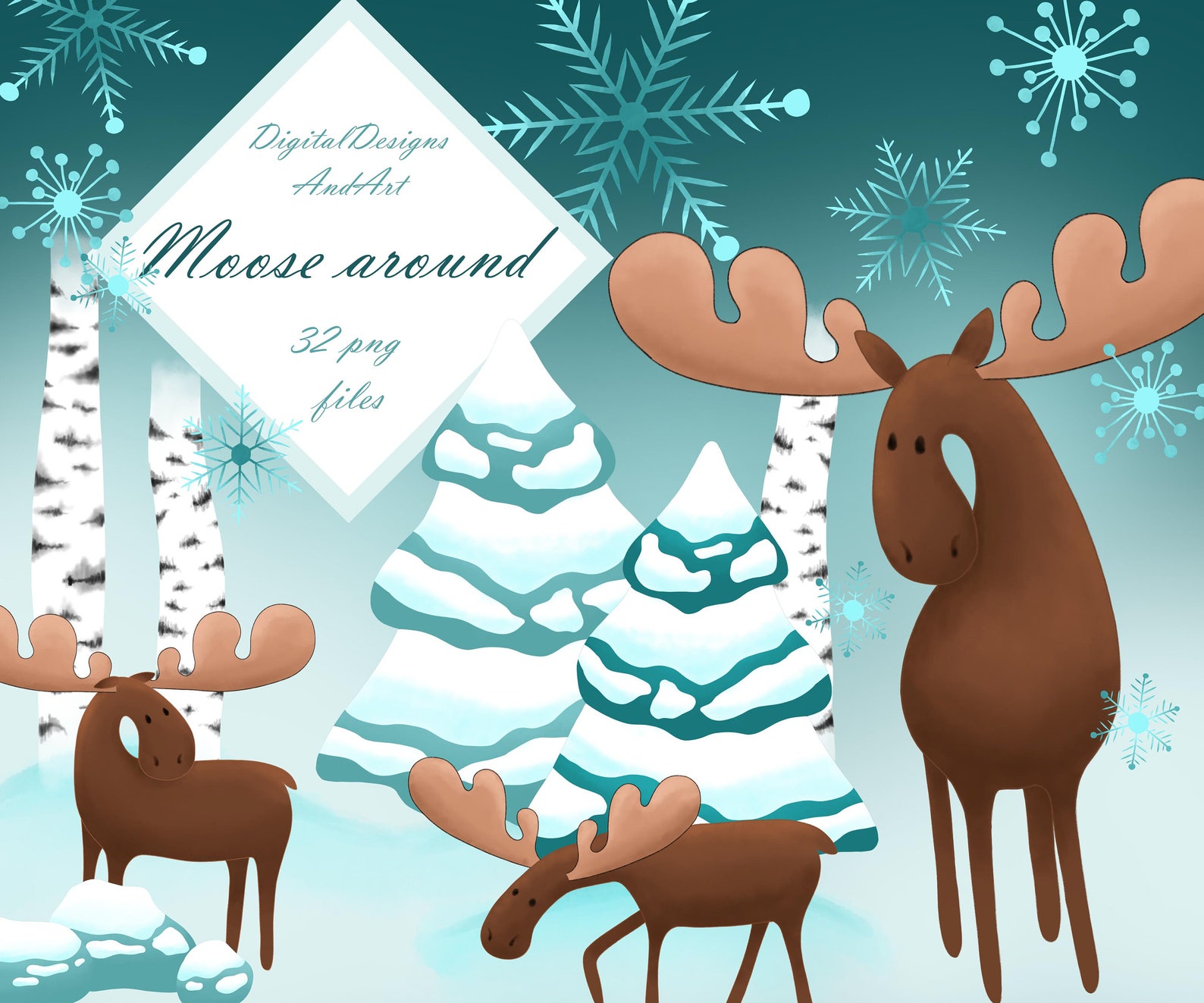 Moose Clipart Snowflakes Clipart Winter Clipart Forest - Etsy