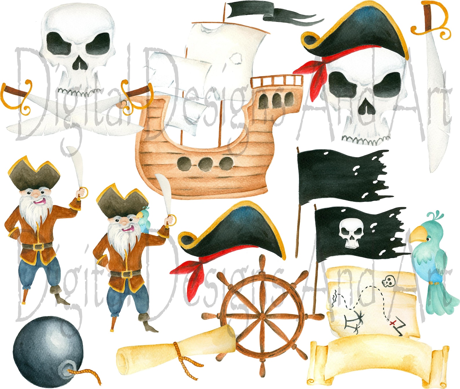Pirate Watercolor Clipart Pirate Ship Clipart Pirate - Etsy