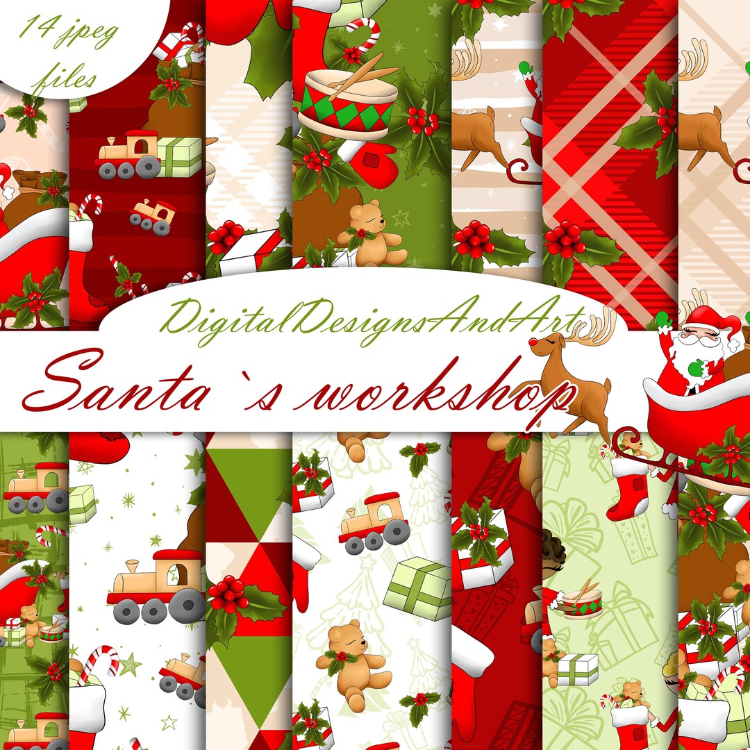 Santa Digital Paper, Santa Workshop, Santa Claus Paper, Christmas Toys ...