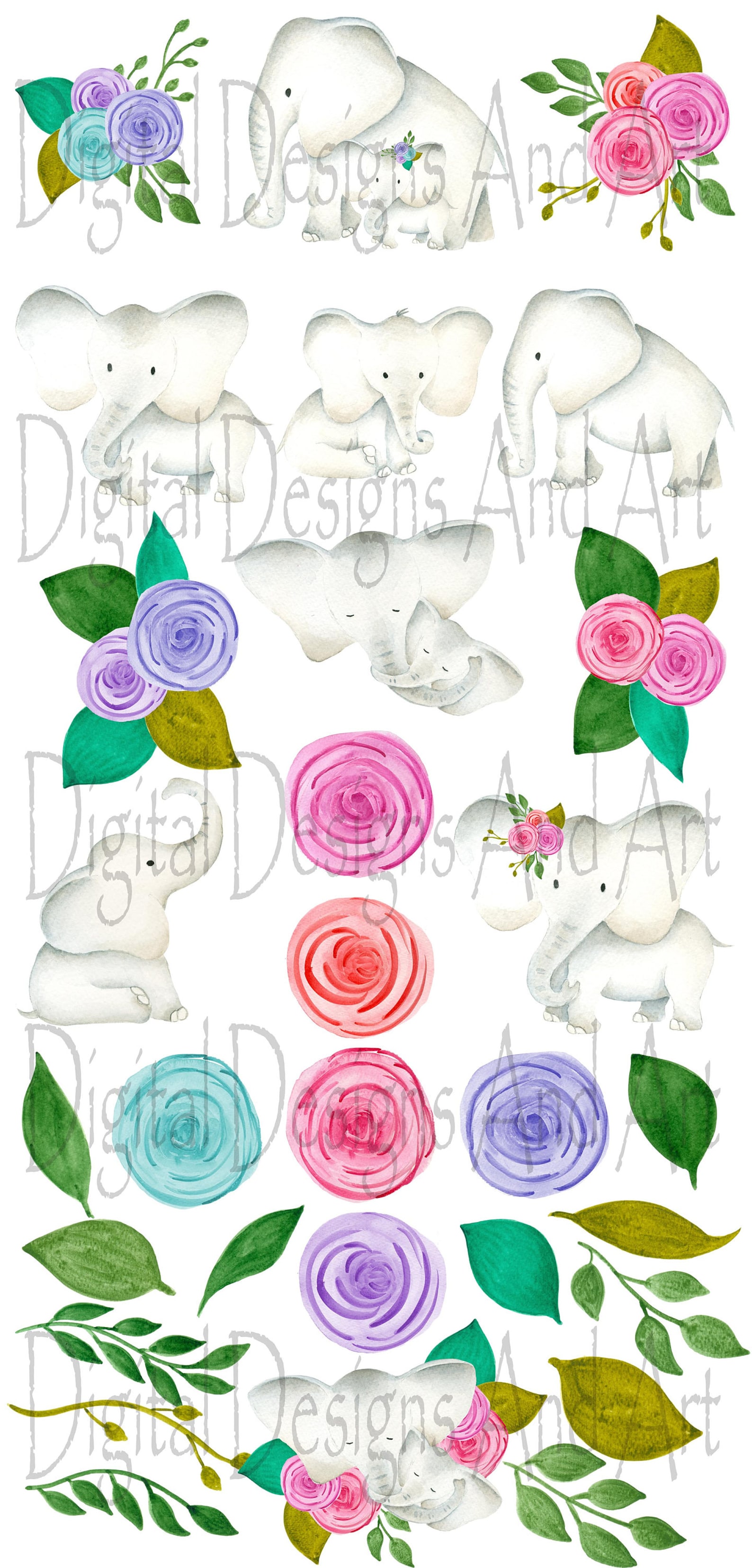 Cute Elephant Clipart Baby & Mama Elephants Clipart Set | Etsy