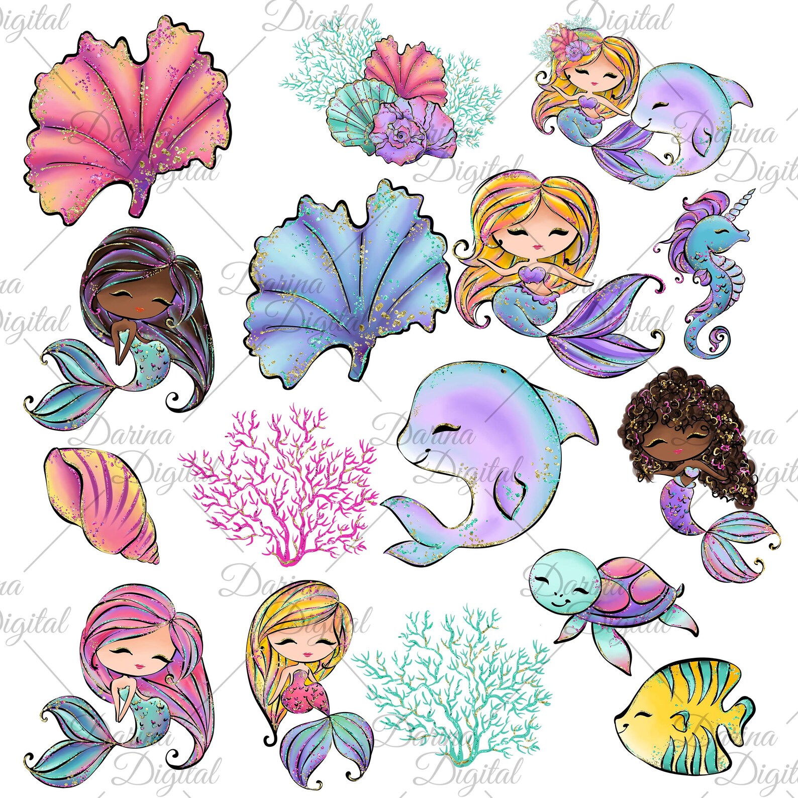 Mermaid Clipart Sea Clipart Seashell Clipart Mermaid | Etsy
