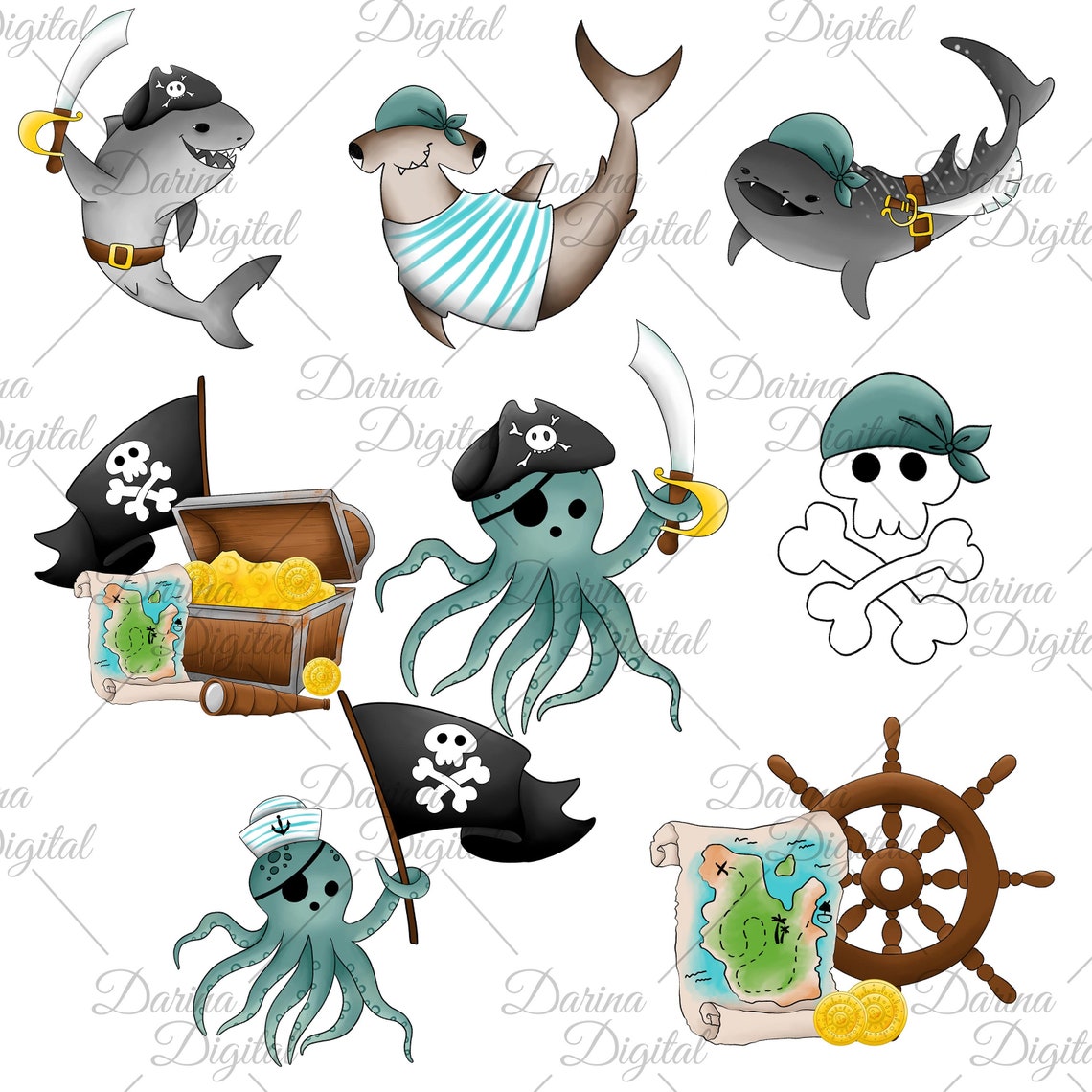 Pirate Clipart Shark Clipart Shark Illustration Sea | Etsy