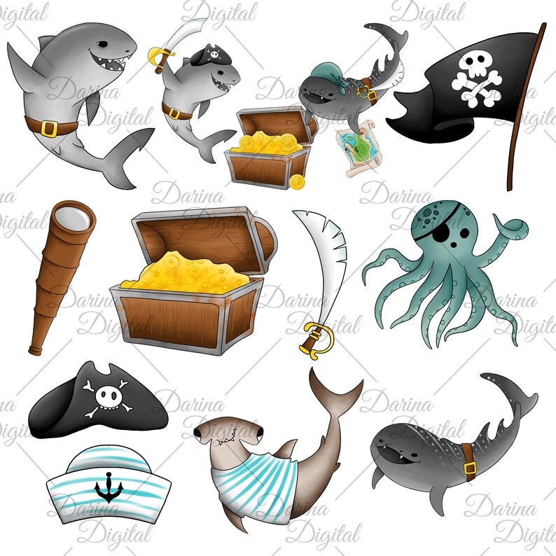 Pirate Clipart Shark Clipart Shark Illustration Sea | Etsy