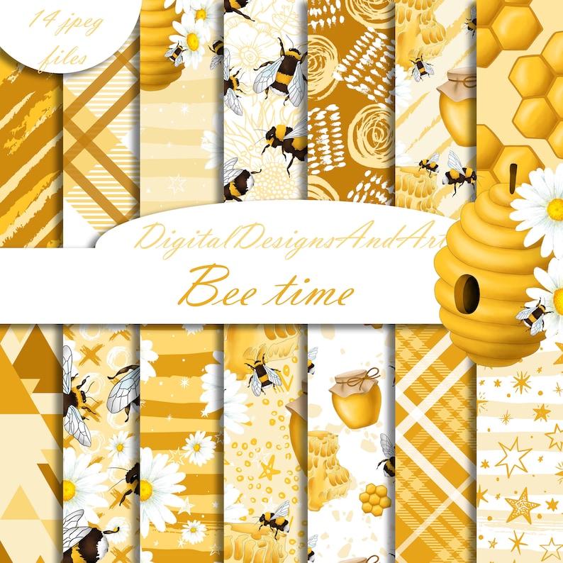 Bee Digital Paper, Bees Seamless Pattern, Handpainted Bee Paper ...