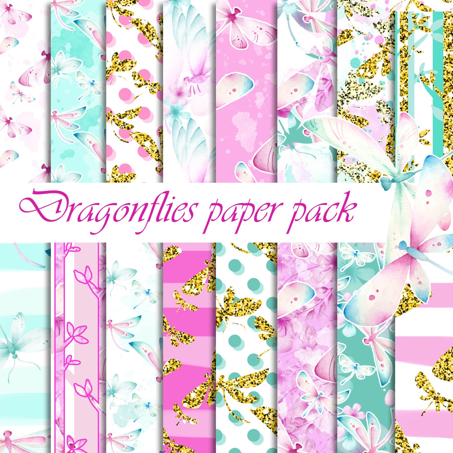 Dragonfly digital paper pack Pink & mint patterns Pink | Etsy