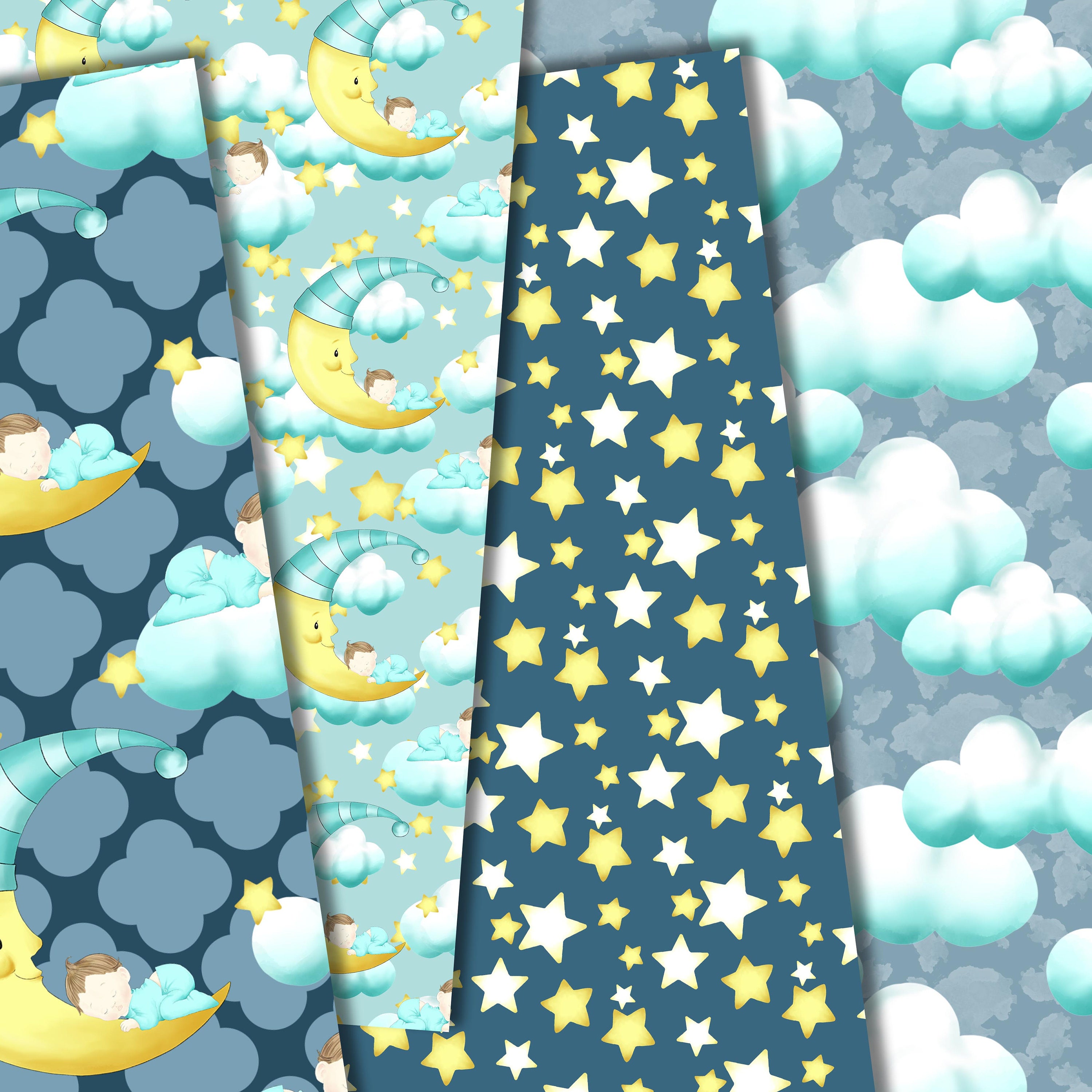 Baby Boy Digital Paper, Moon & Clouds Paper Pack, Boy Digital Pattern ...