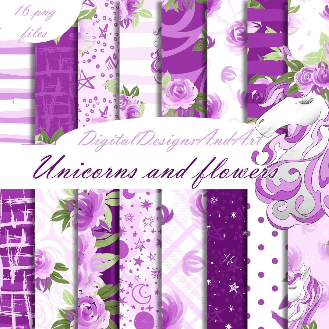 Unicorn Digital Paper Unicorn Pattern Floral Unicorn Purple - Etsy