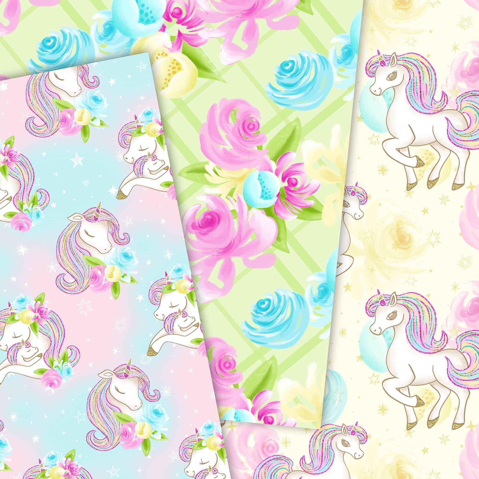 Unicorn Digital Paper, Unicorns Patterns, Colorful Unicorns, Baby and ...