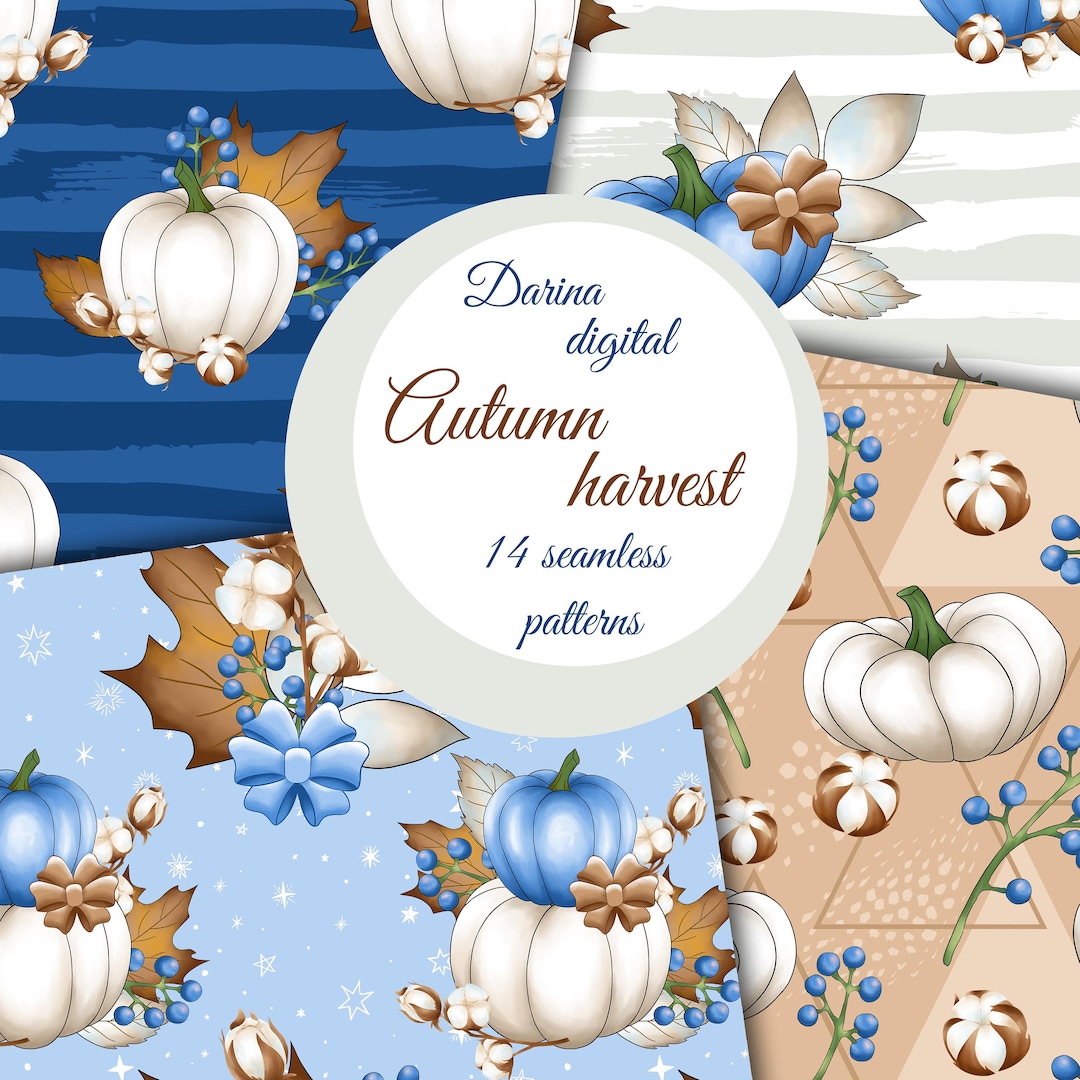 Pumpkin Paper, Autumn Pattern, Cotton Paper, Autumn Pumpkins, Blue ...
