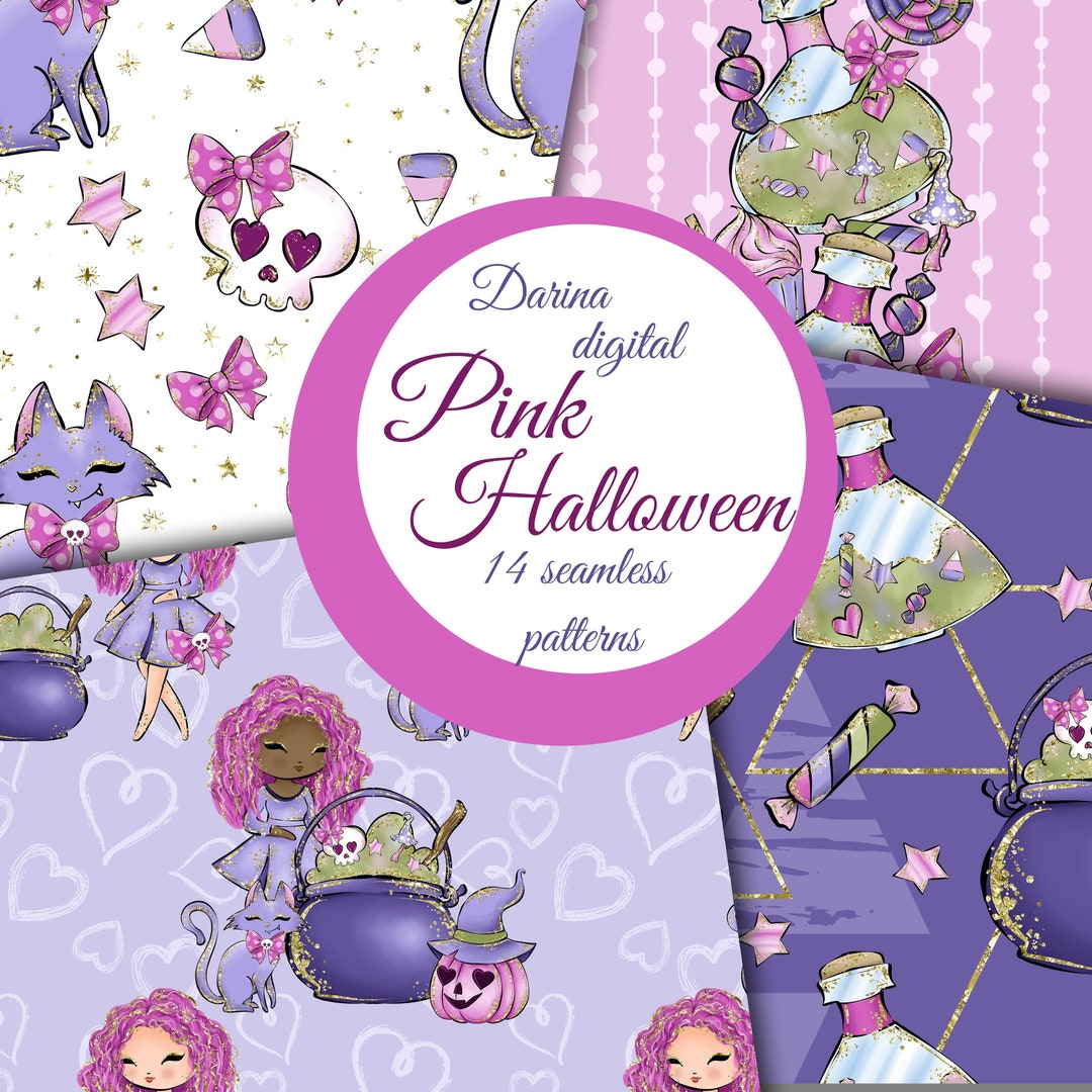 Pink Halloween Paper, Halloween Pattern, Witch Paper, Pumpkin Paper ...