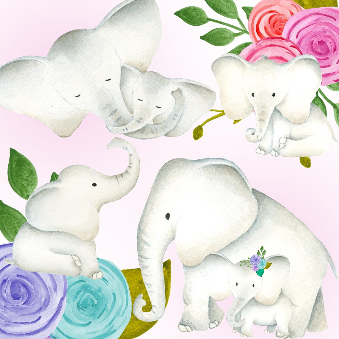 Cute Elephant Clipart Baby & Mama Elephants Clipart Set | Etsy