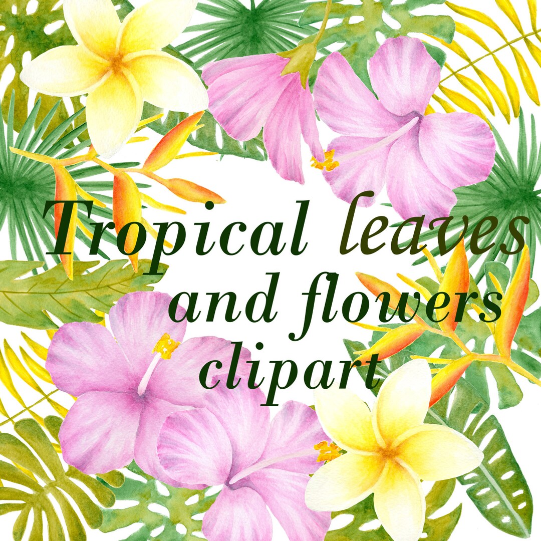 Tropical Flowers Clipart, Watercolor Flower Clip Art, Leaves and ...