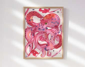 Pink Octopus Watercolor Print Octopus Wall Art Nautical - Etsy