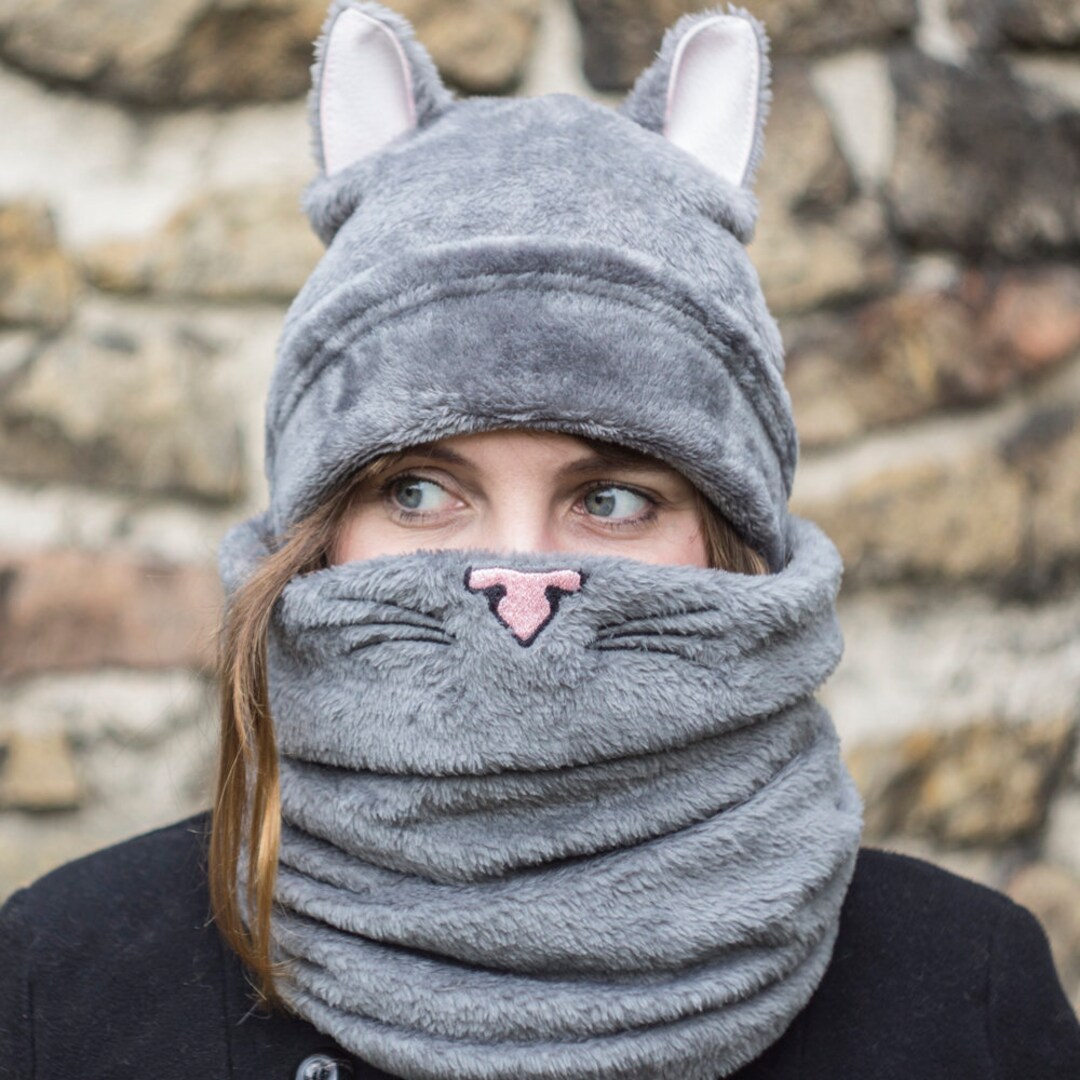 THE CAT Set: Furry Cap and Snood With Cat Nose - Etsy Canada