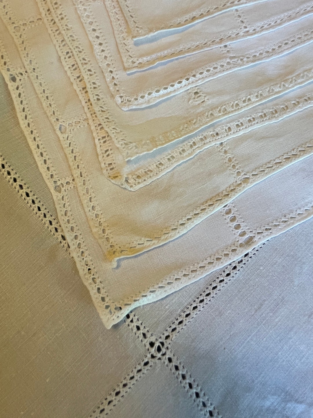 Lace Grid Runner & 7 Napkins Table Antique Handmade Stitching - Etsy