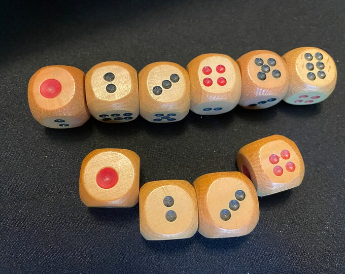 10 Vintage Wooden Dice Rounded Edges Black Red 1960s Game Cards Board ...