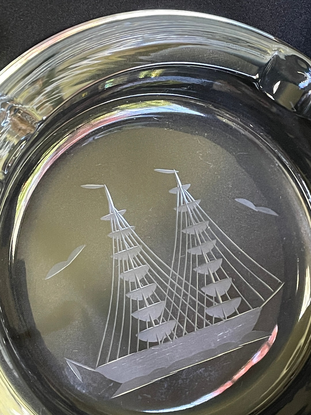 1960s Heavy Crystal Ashtray Sailing Ship Etched Boat Cut MCM Excellent ...