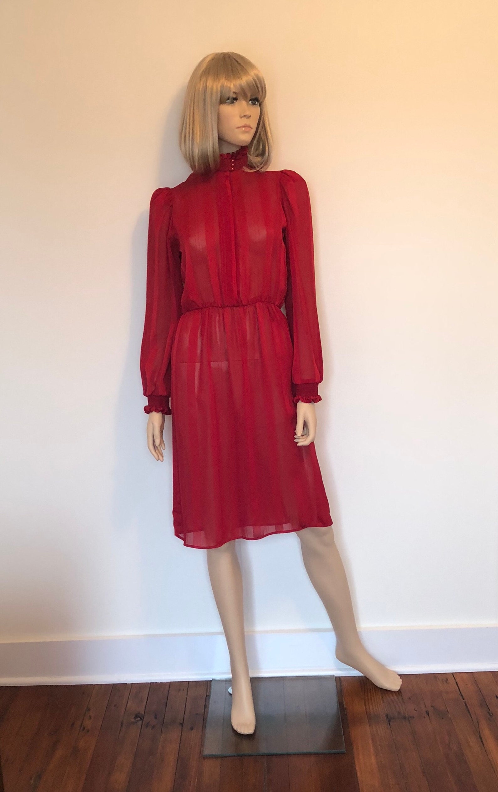 1970’s Sheer Red Secretary Dress, Size Small / Medium, Vintage Red See ...