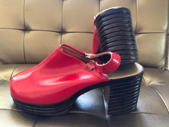 1970’s Lipstick Red Platform Clogs, Vintage 70’s Faux… - Gem