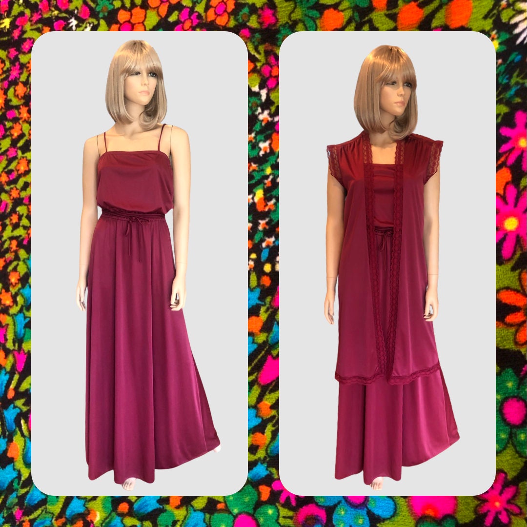 1970s 2 Piece Burgundy Disco Dress With Matching Long Jacket, Studio 54, Vintage 70s Bridesmaid ...