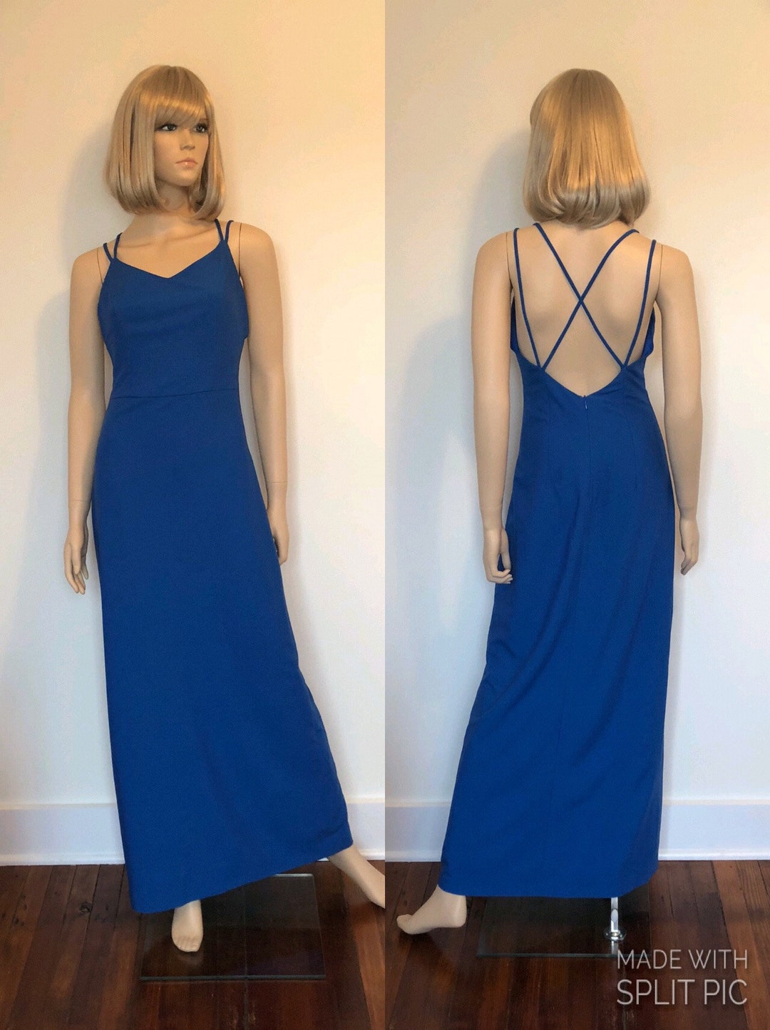 Vintage Royal Blue Floor Length Gown, Royal Blue Strappy Backless Maxi ...