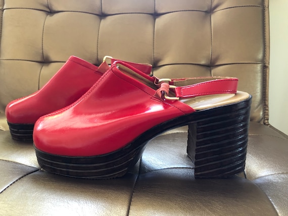 1970’s Lipstick Red Platform Clogs, Vintage 70’s Faux… - Gem