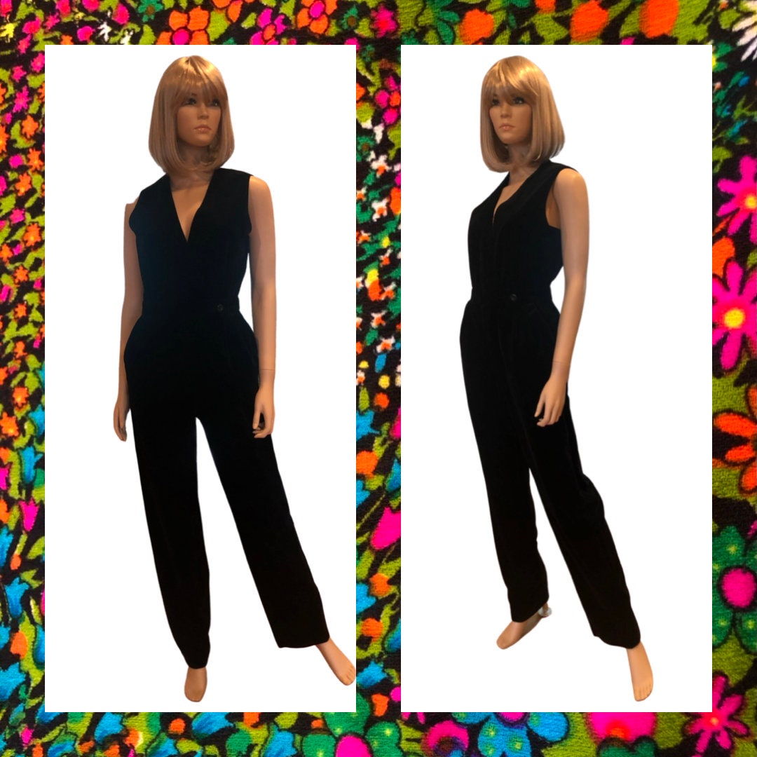 1970’s Sasson Black Velvet Jumpsuit, Paris, New York, Made in Hong Kong ...