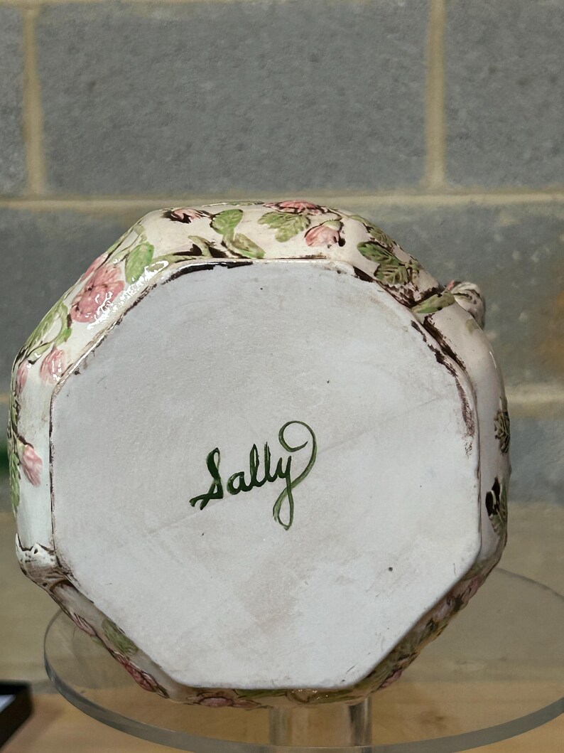 Mid Century Ceramic Pitcher Pink Flowers Green Leaves Inside Pink Glaze ...