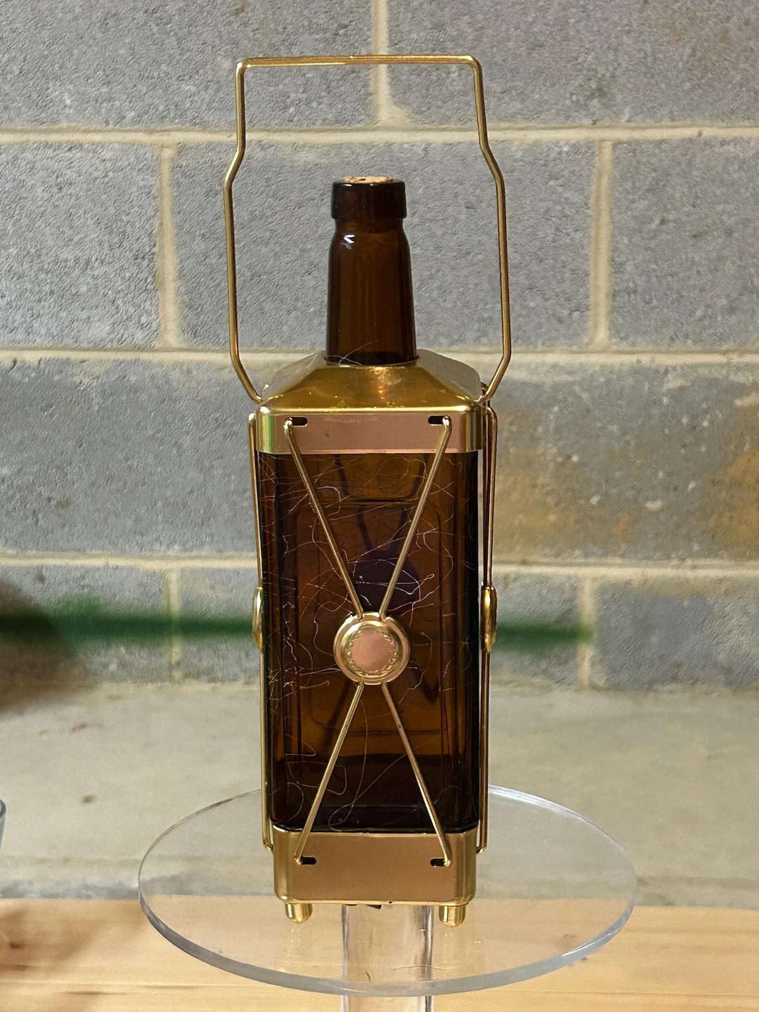 Vtg Music Box Liquor Decanter Plays "how Dry Am I" Amber Glass Gold ...