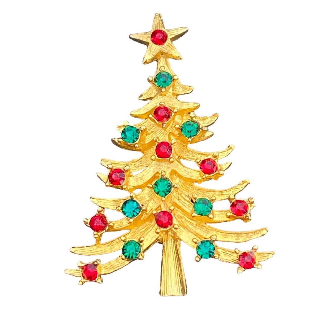 Vintage MYLU Christmas Tree Brooch Pin Gold Tone Red Green Rhinestones ...